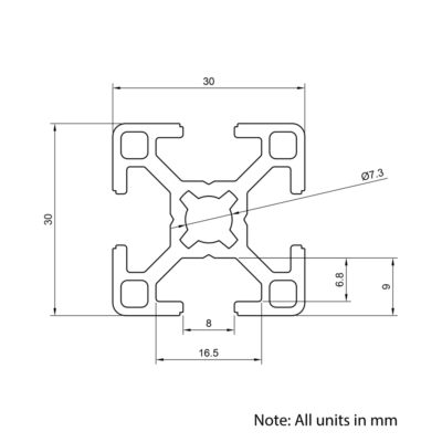 30x30mm - T-Slot Aluminium Extrusion - Ooznest